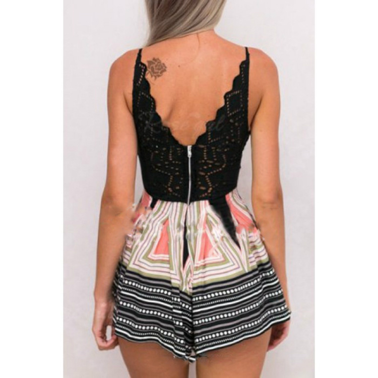 Lace Stitching Sexy Backless Jumpsuits Geometry Stripe Printed On Luulla